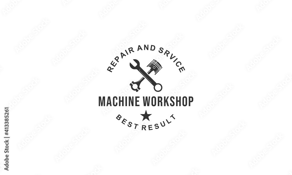 logo for machine shop complete with illustration of piston and workshop ...