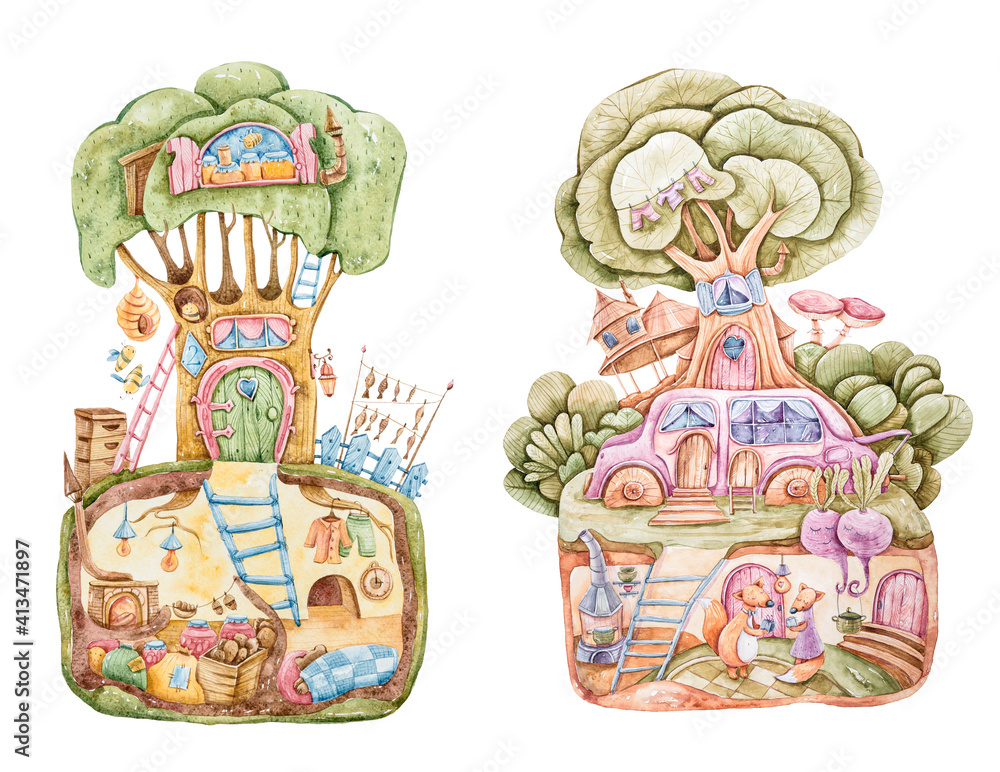Watercolor cute cartoon about a tree hole life. Baby colorful nursery ...