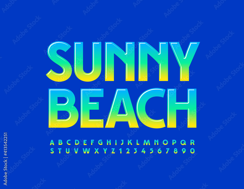 Vector modern sign Sunny Beach. Gradient color Font. Bright glossy ...