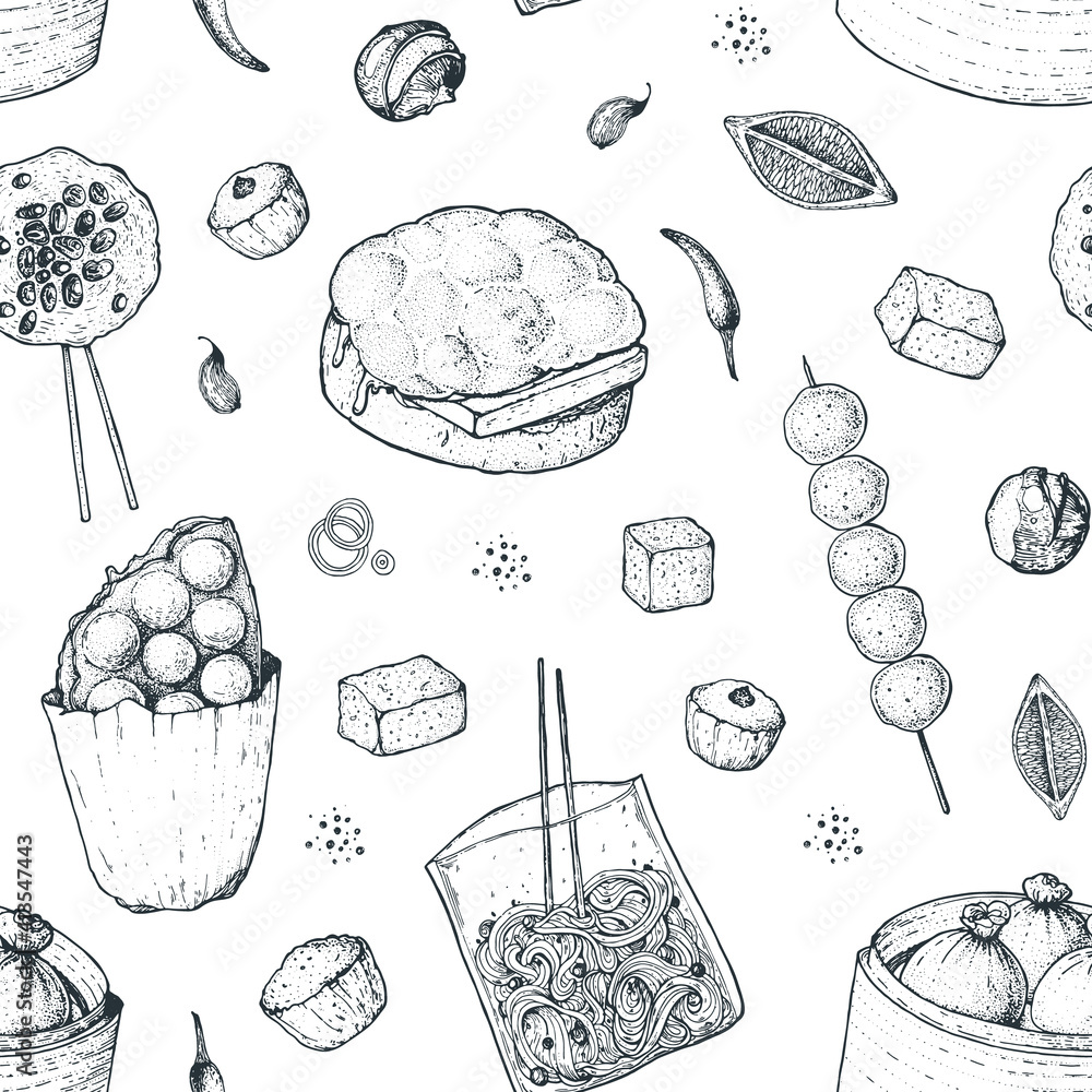 Hong kong street food. Seamless pattern. Chinese food menu design ...