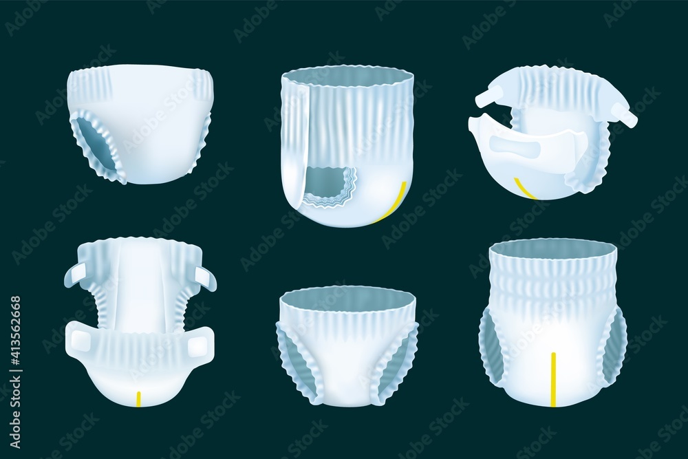 Realistic diaper. 3D childrens nappy pee absorption. View from ...