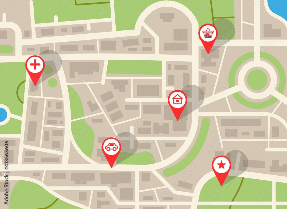 City map. Navigation plan with red pins. Online GPS application, web ...