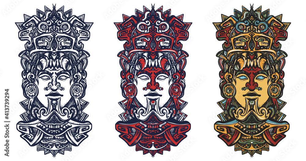 Ancient aztec totem, Mexican god. Mayan civilization. Idol. Old school ...