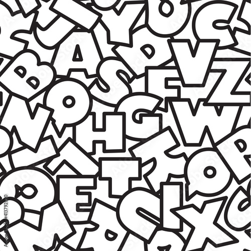 Outline alphabet letters on white background seamless pattern. Black ...