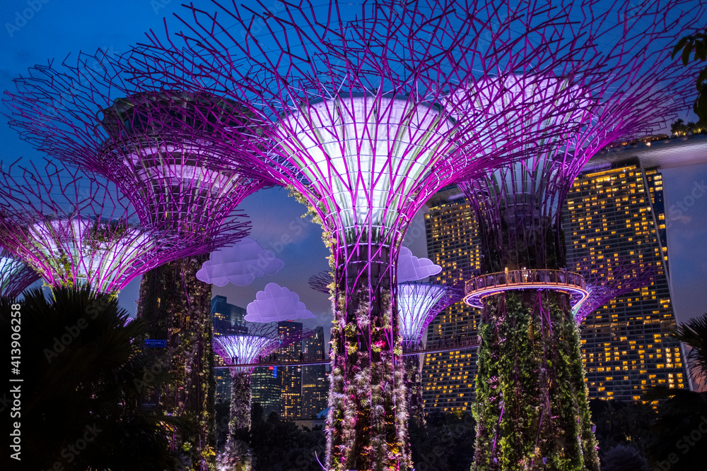 Solar-powered supertrees at dusk in Gardens By The Bay, Singapore. Stock Photo | Adobe Stock