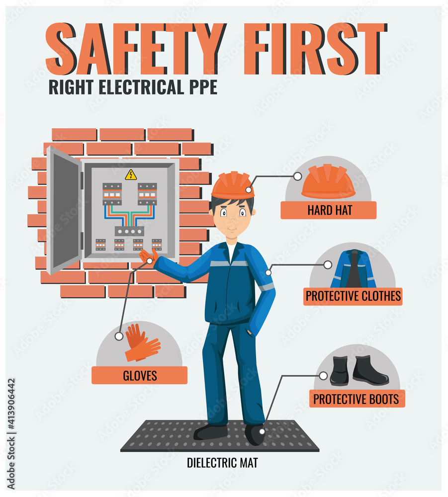 Work safety. Electrical engineer wearing helmet, gloves, protective ...