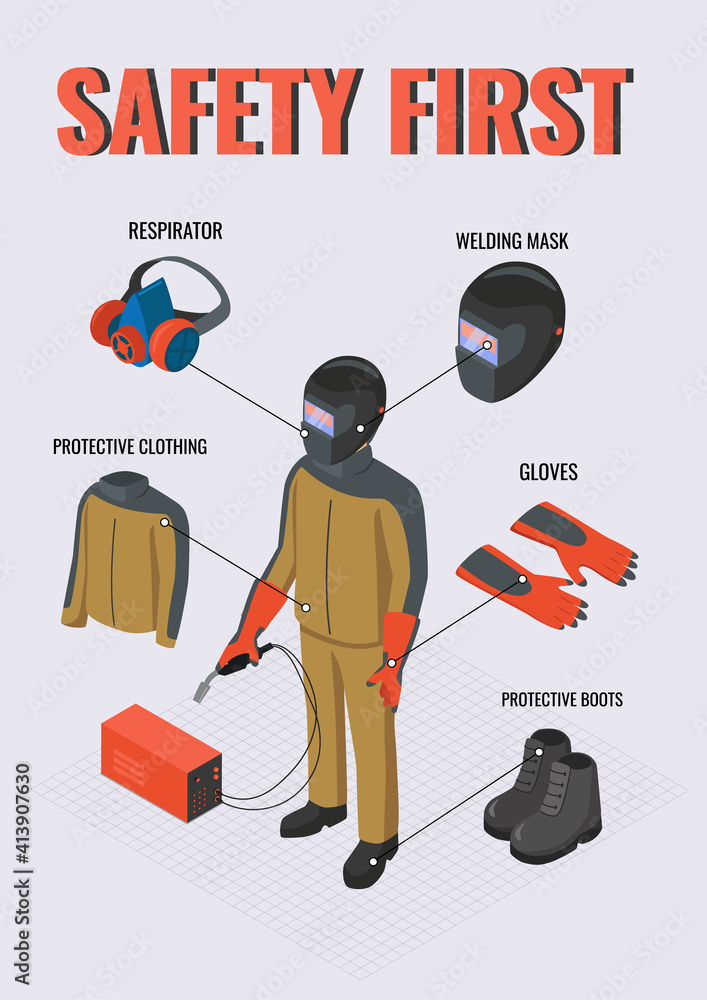 Work safety. Isometric welder wearing welding mask, respirator, gloves, protective clothing and ...