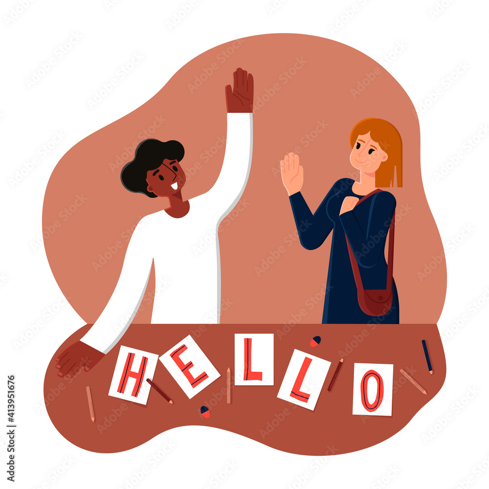 Vector isolated cartoon illustration greeting people, colleagues. On ...