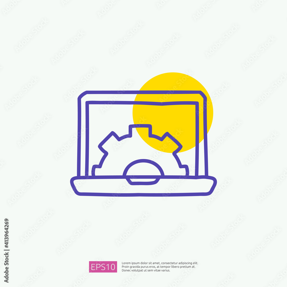 engineering related doodle concept with laptop and gear symbol sign ...