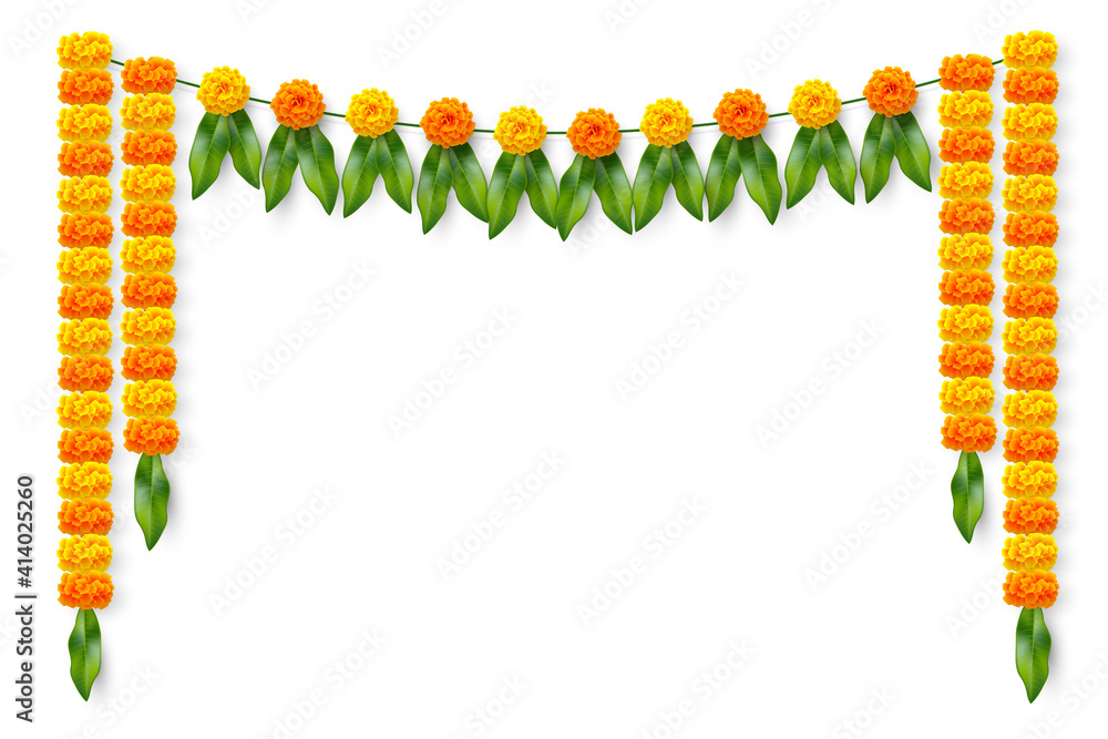 Traditional Indian floral garland with marigold flowers and mango ...