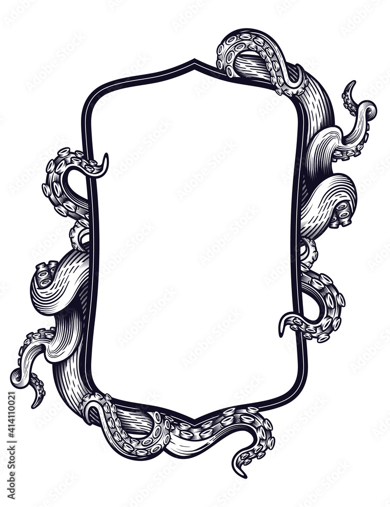 Tentacles of an octopus label frame design. Hand drawn vector ...