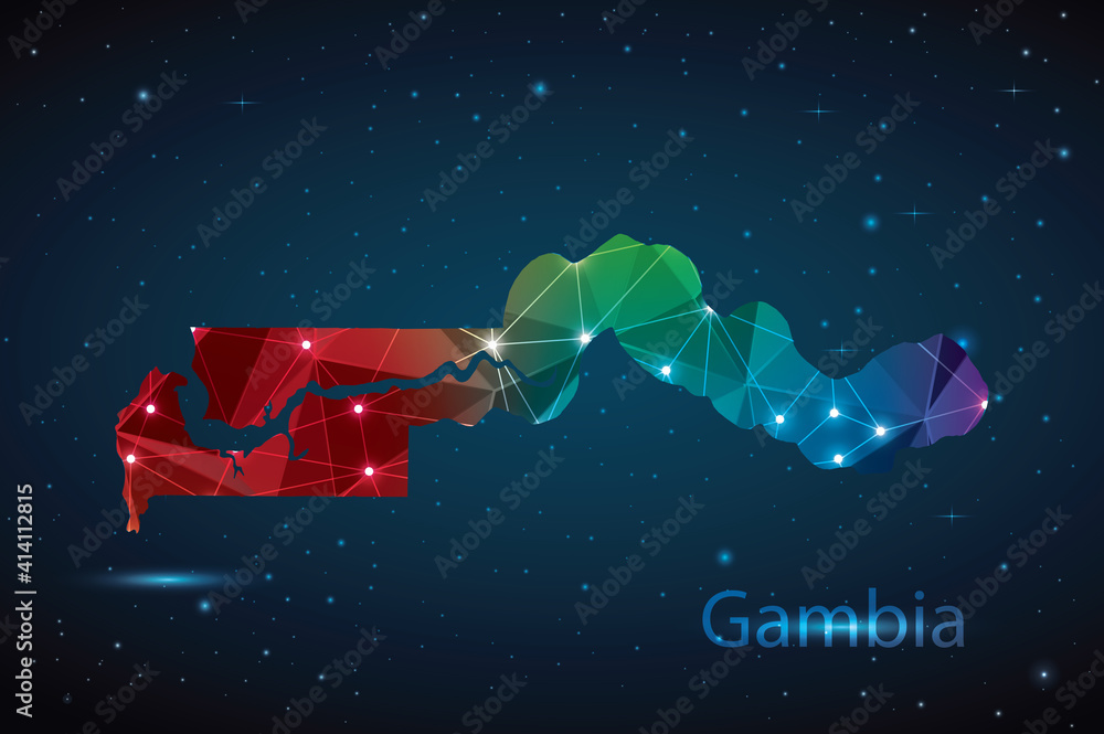 Abstract Polygon Map of Gambia. Vector Illustration Low Poly Color Rainbow on Dark Background ...