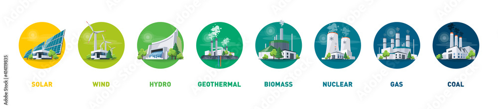 Electricity generation source types. Energy mix solar, water, fossil ...