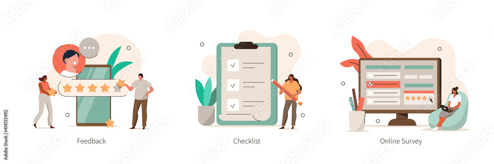 Стоковий вектор Various Online Survey and Rating Icons. Characters Filling Survey Form, putting ...