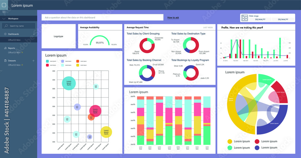 Power BI dashboards for laptop. Horizontal and vertical. Graphics. Data ...