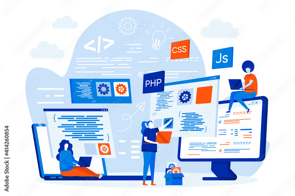 Programming courses web design concept with people. Students studying ...