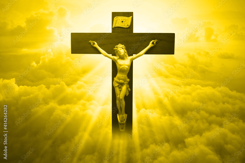 Jesus Christ on gold sky background with a shining sun lightning Stock ...