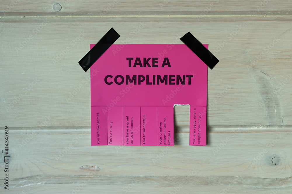 Happy World Compliment Day. Take a compliment. Pink wall paper sticker ...