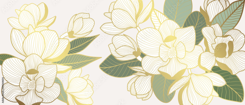 Luxury Gold magnolia flower background vector. Pink and golden ...