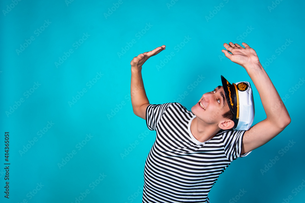 Handsome guy on a black background. Captain of a sea vessel. Positive ...