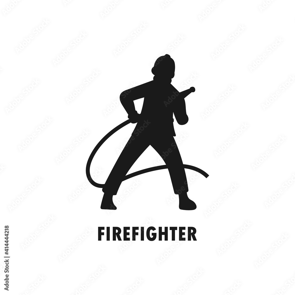 Vector de Stock Male fireman holding hose silhouette. Firefighter in ...