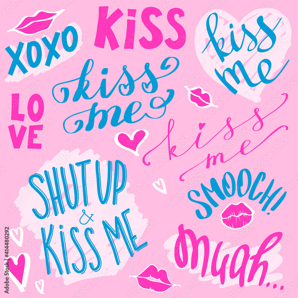 Kiss me hand drawn set. Handwritten lettering. Lips, hearts and short ...