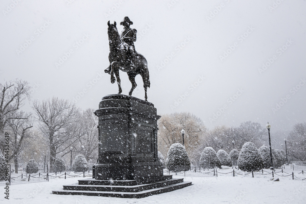 George Washington statue in the Boston Commons during a snow storm ...