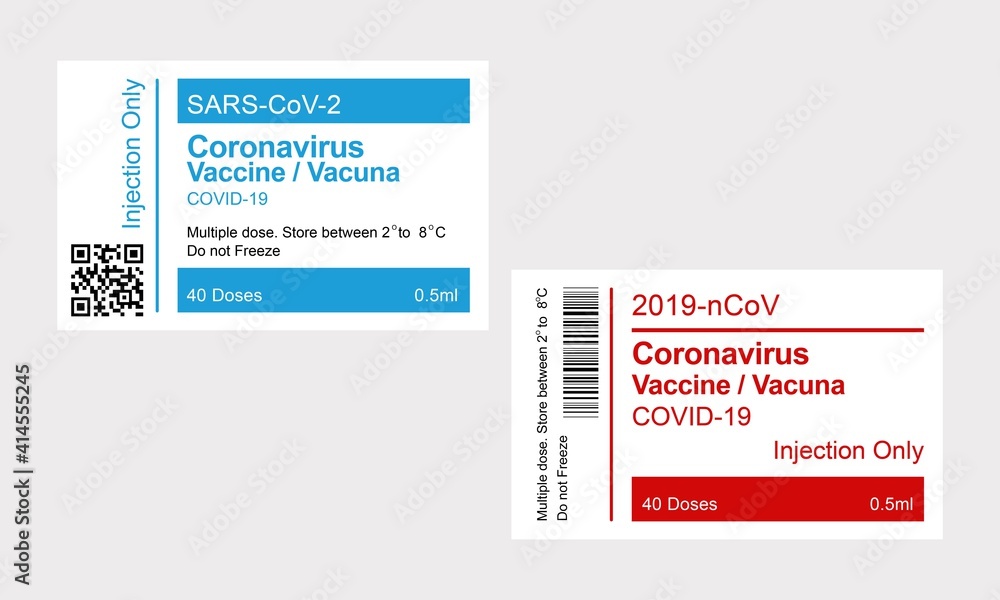 Vector illustration of Coronavirus Vaccine Package Label stickers set ...