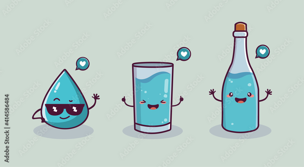 cute water drop, glass, bottle vector cartoon with kawai character ...
