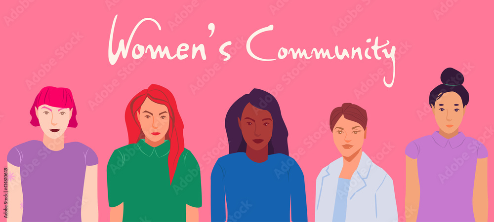 Women's sisterhood community. Bright vector illustration in flat style ...