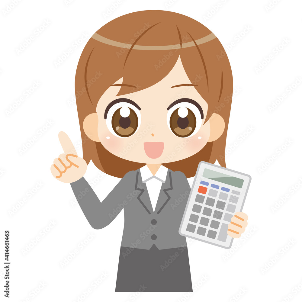 Anime style illustration of a woman with a calculator ー 電卓を持っているスーツの女性 ...