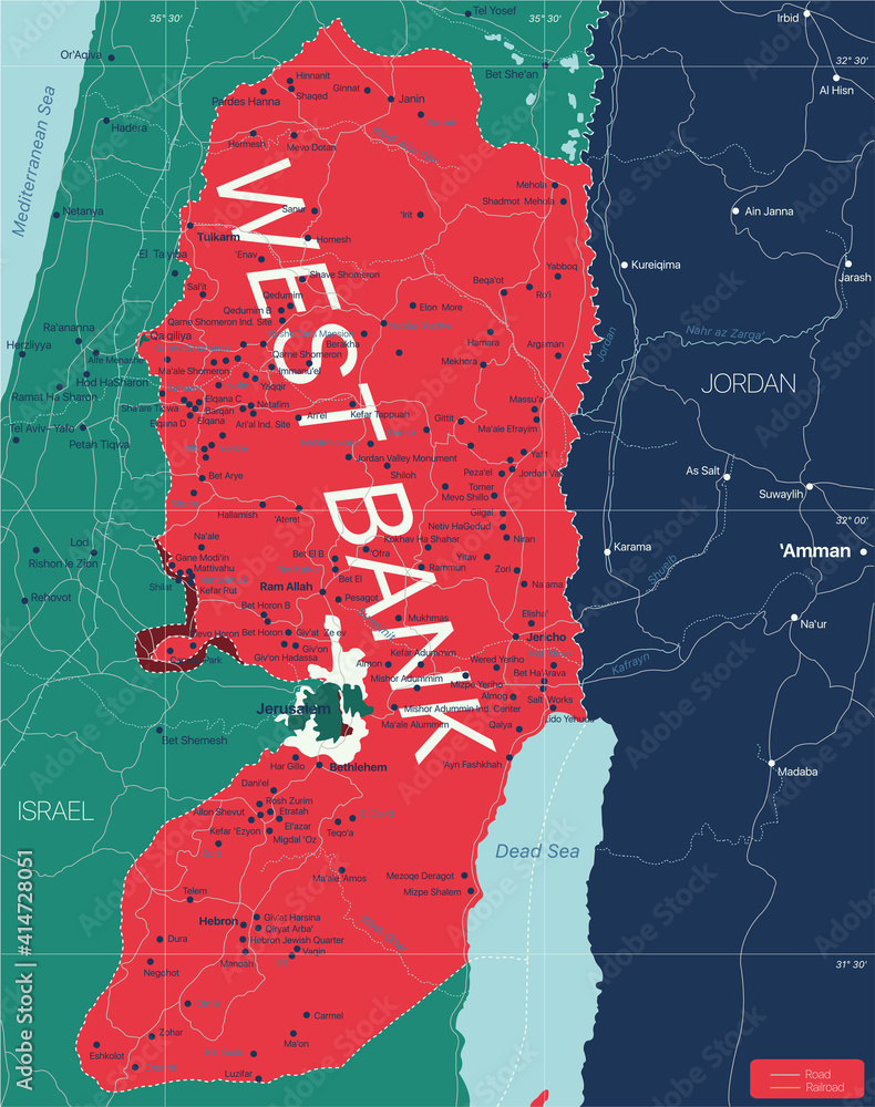 West Bank region country detailed editable map with countries capitals ...