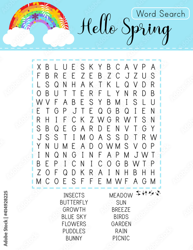 Spring word search puzzle with rainbow. Logic game for learning English ...