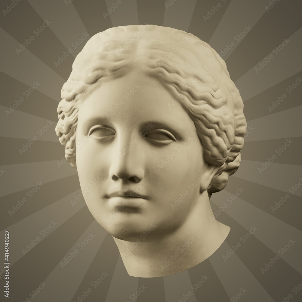 Collage with plaster antique sculpture of human face in a pop art style ...