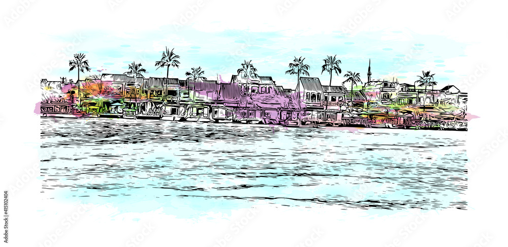 Building view with landmark of Hoi An is a city on Vietnam. Watercolour ...