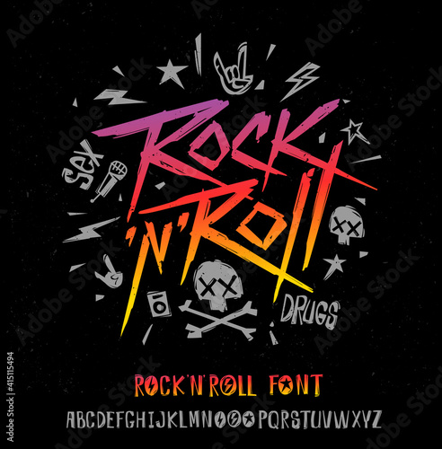 Rock n roll grunge style type font and poster vector template. Set of ...
