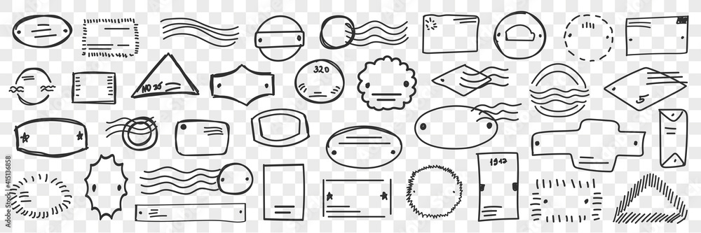 Stamps and letters doodle set. Collection of hand drawn stamps with ...