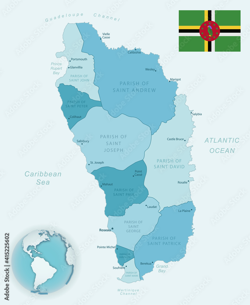Blue-green detailed map of Dominica administrative divisions with ...