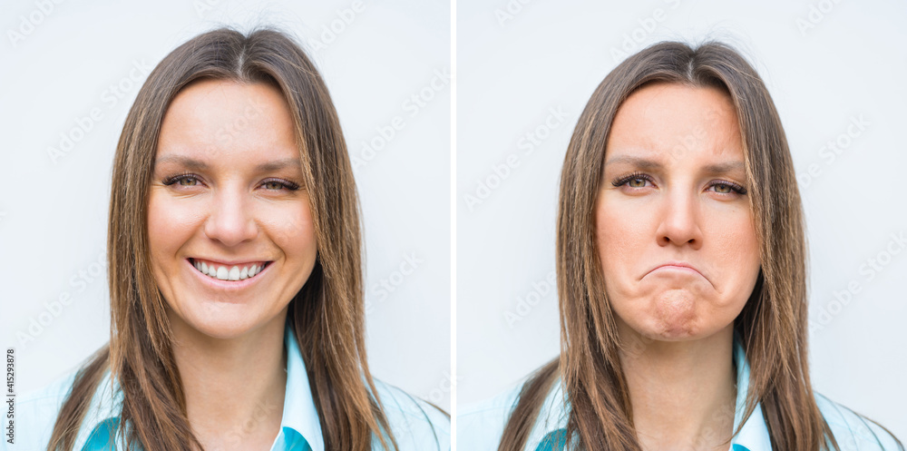 Happy and sad woman face. Young woman expressing different emotions ...
