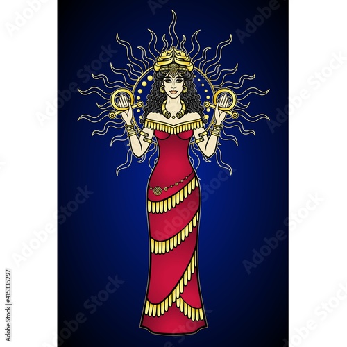 Cartoon color drawing: beautiful woman in a horned crown, a character ...