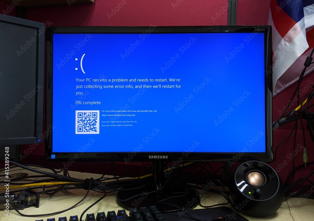Blue screen of death or BSOD on the monitor screen. Faulty Microsoft ...