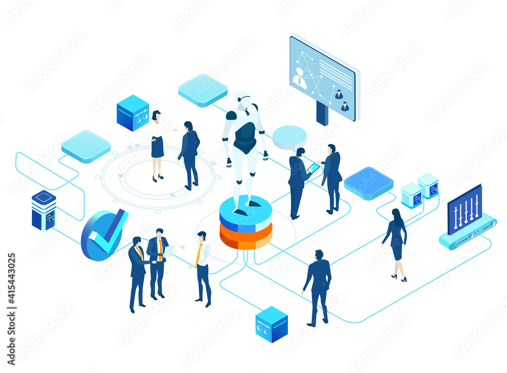 Isometric 3D business environment. Robots and artificial intelligence ...