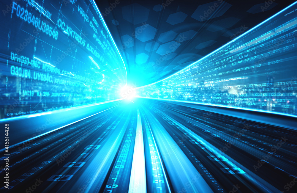 Digital data flow on road with motion blur to create vision of fast ...