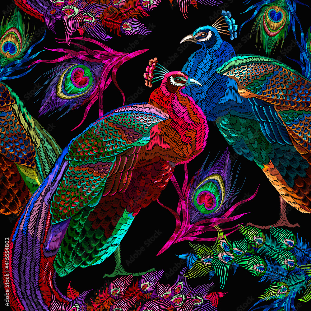 Embroidery peacocks, tropical birds seamless pattern. Fashionable ...