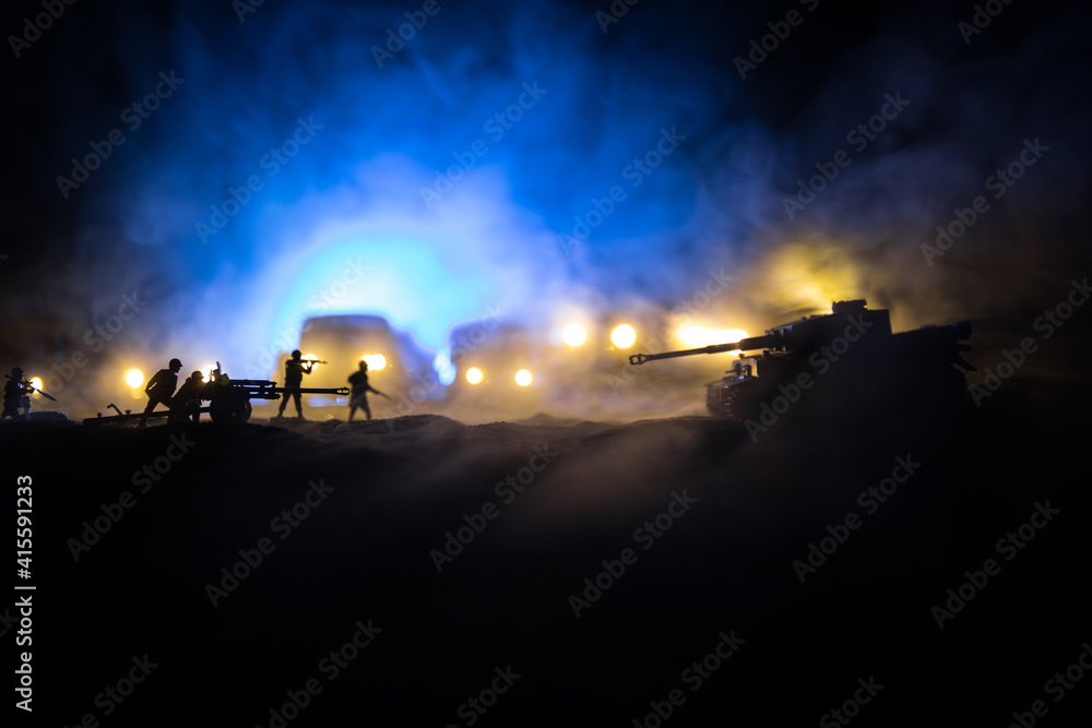 War Concept. Military silhouettes fighting scene on war fog sky ...