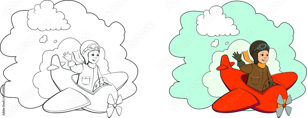 Coloring book page for children with colorful pilot kid and sketch to ...