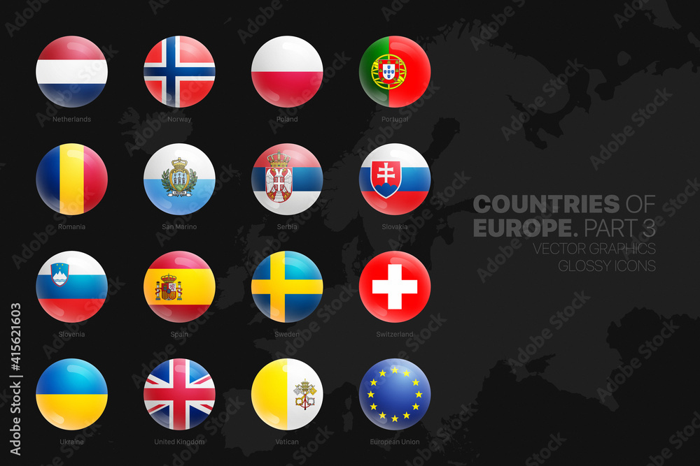 European Countries Flags Vector 3D Glossy Icons Set Isolated On Black ...