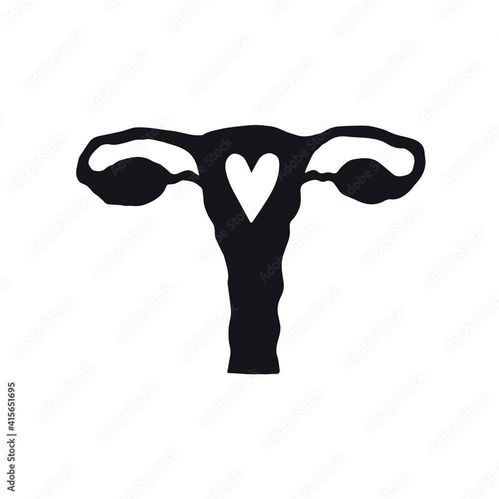 Vector hand drawn uterus silhouette with heart isolated on white ...