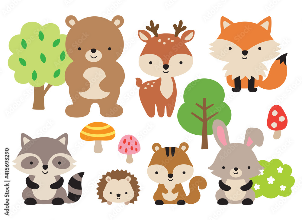 Vector illustration of cute woodland forest animals including a bear ...