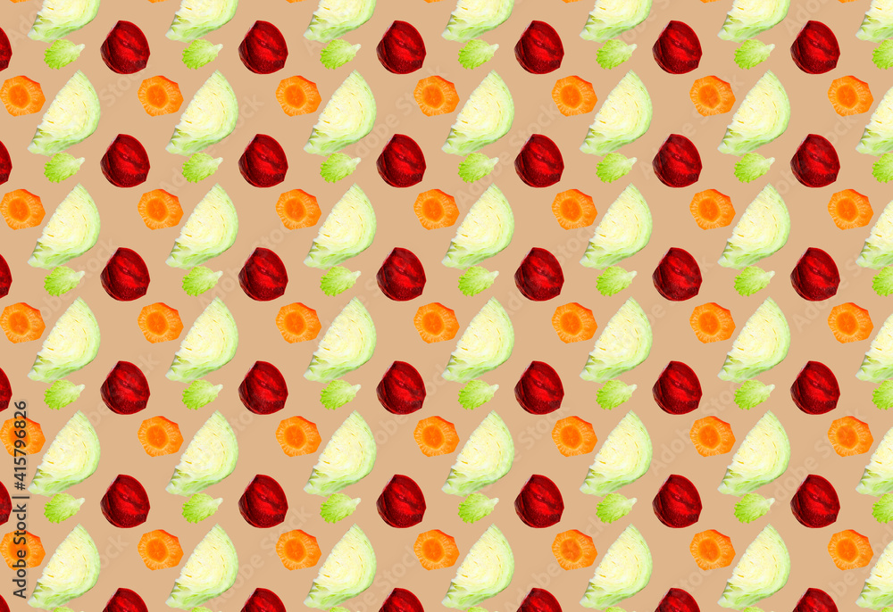 Vegetable diet pattern tk of different sliced vegetables on a beige ...